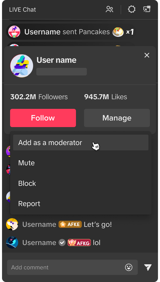Add moderators to manage LIVE chat comments | LIVE Studio Help Center