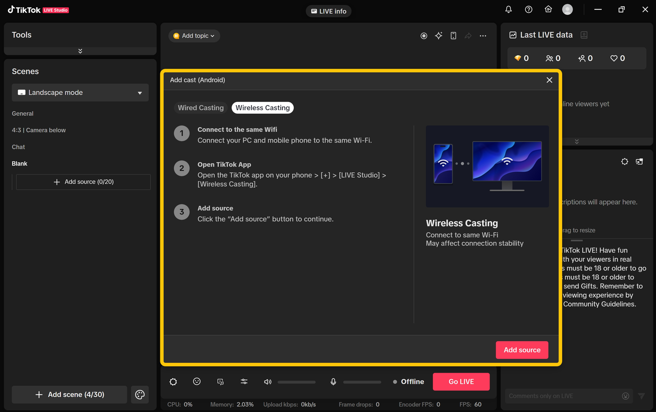 Add a cast source to share your phone screen | LIVE Studio Help Center